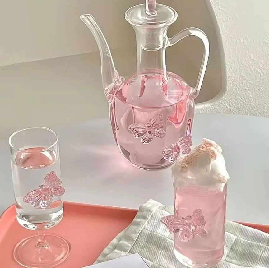 Сервиз чайный стеклянный с бабочками, 3 предмета, 740 мл, розовый