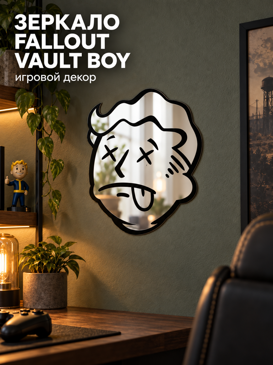 Зеркало настенное Fallout «Vault Boy», фигурное зеркало с гравировкой, игровой декор, 35×28 см