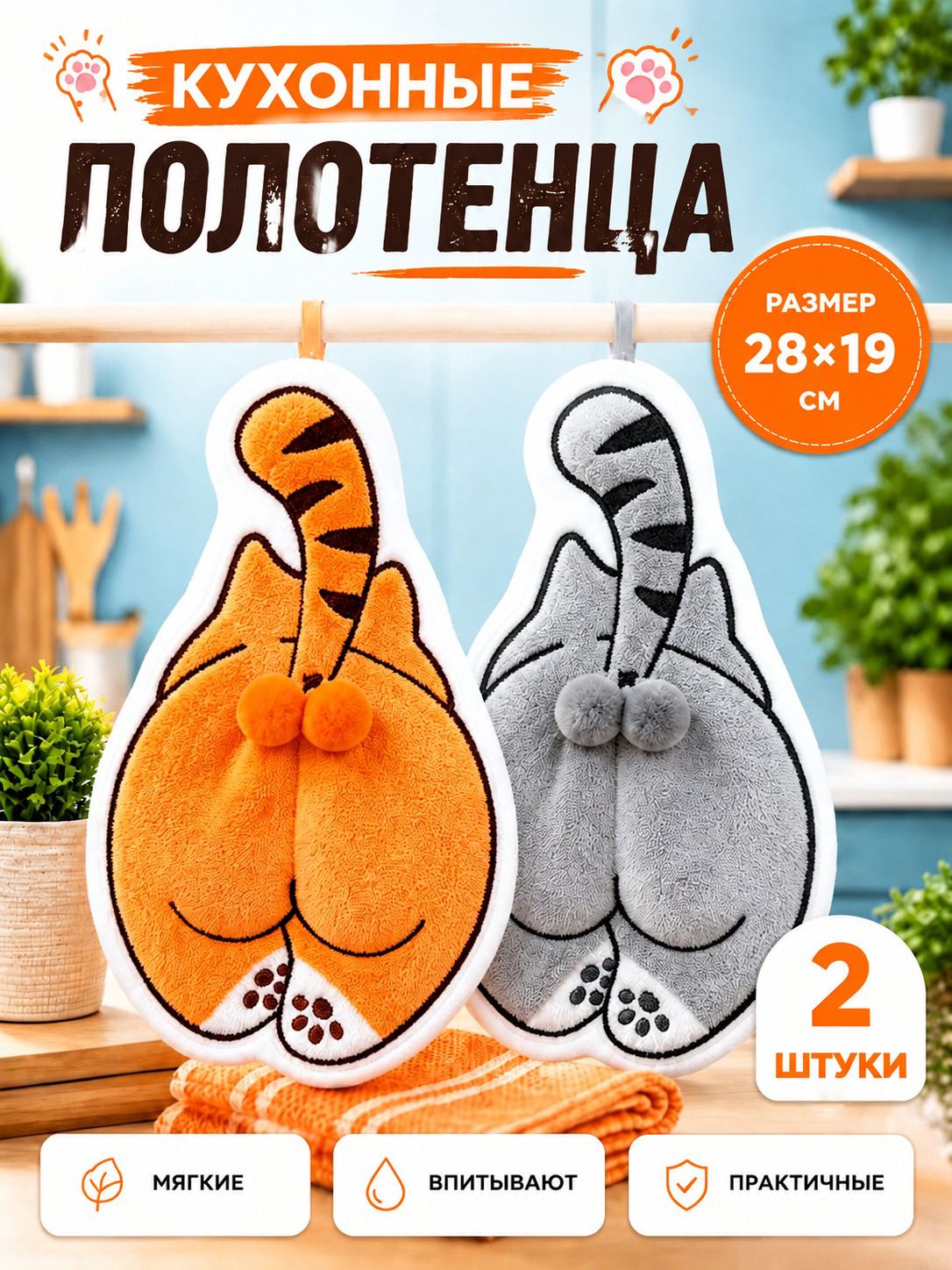 Полотенце кухонное 19x28 2 шт велюровая фактура корал-флис оранжевый, серый