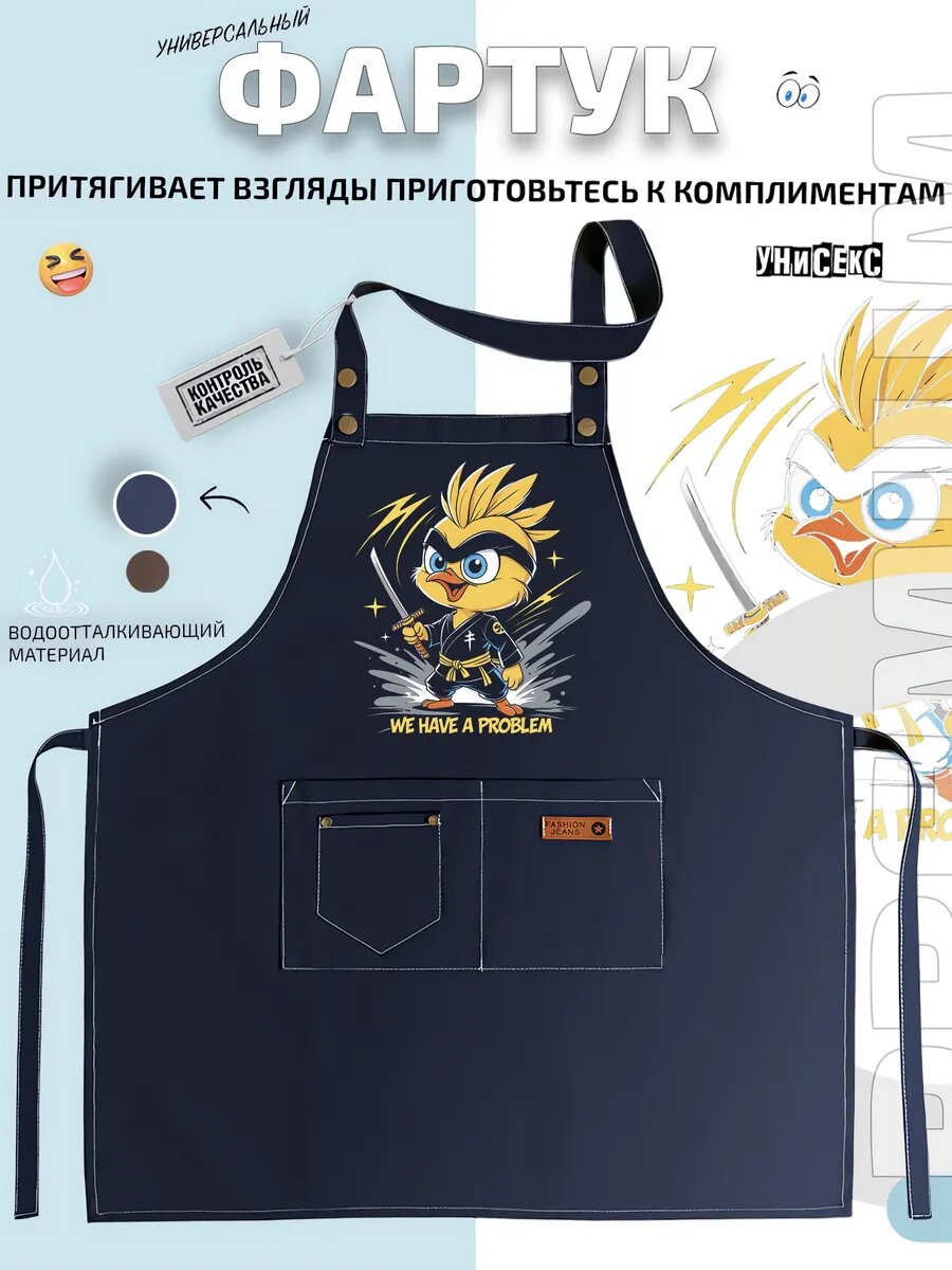Фартук Цыпленок Chick Ninja мультфильм воин с катаной кухонный с принтом универсальный
