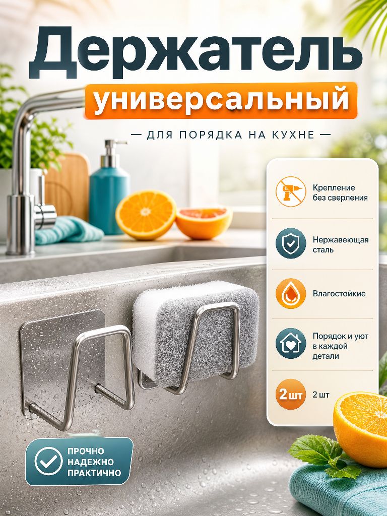 Крючки самоклеющиеся, держатель для губки в раковину, органайзер для кухни и ванной комнаты, держатель для крышек из нержавеющей стали. набор крючков нак липучке 2 шт