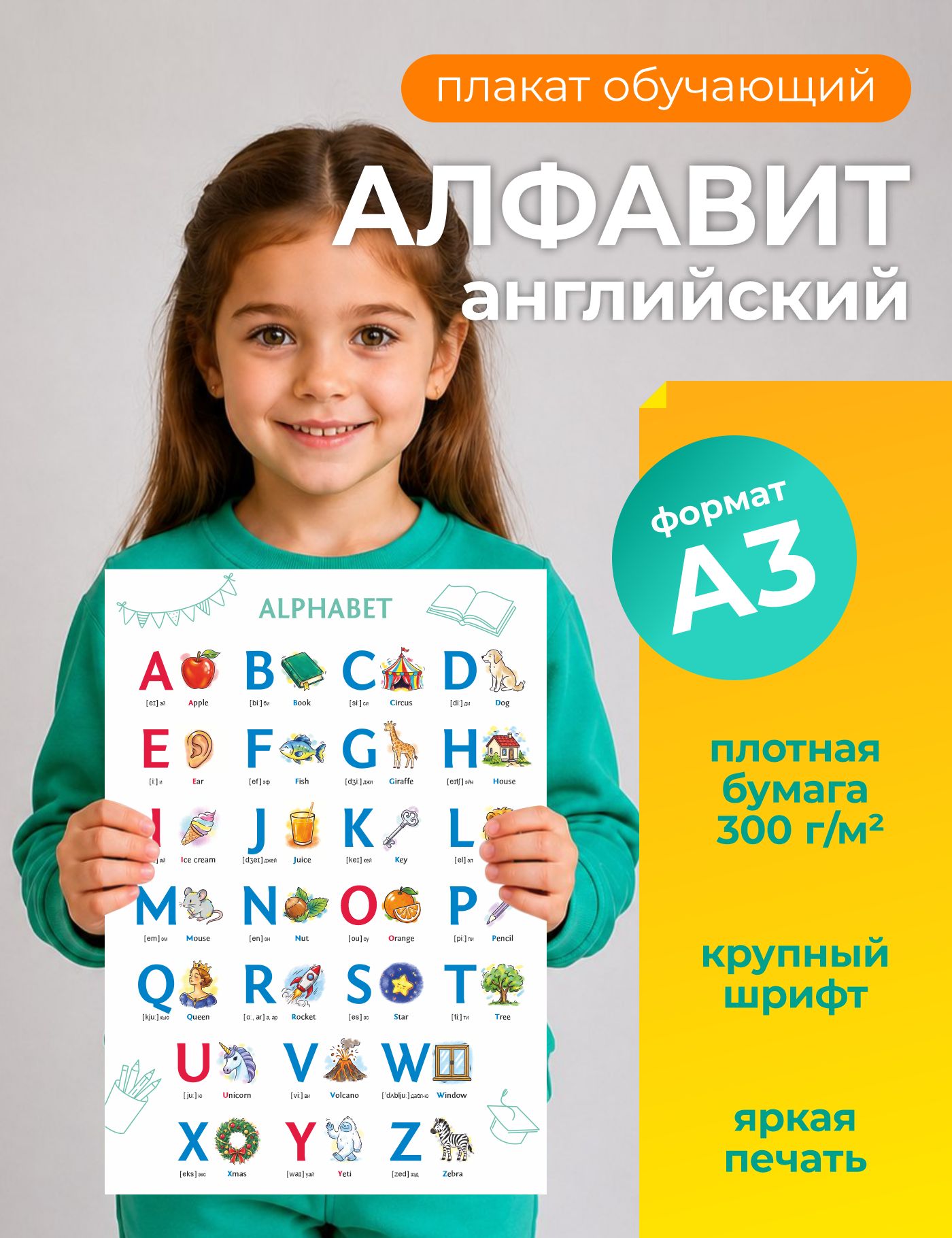 Обучающий плакат на стену Алфавит Английский А3