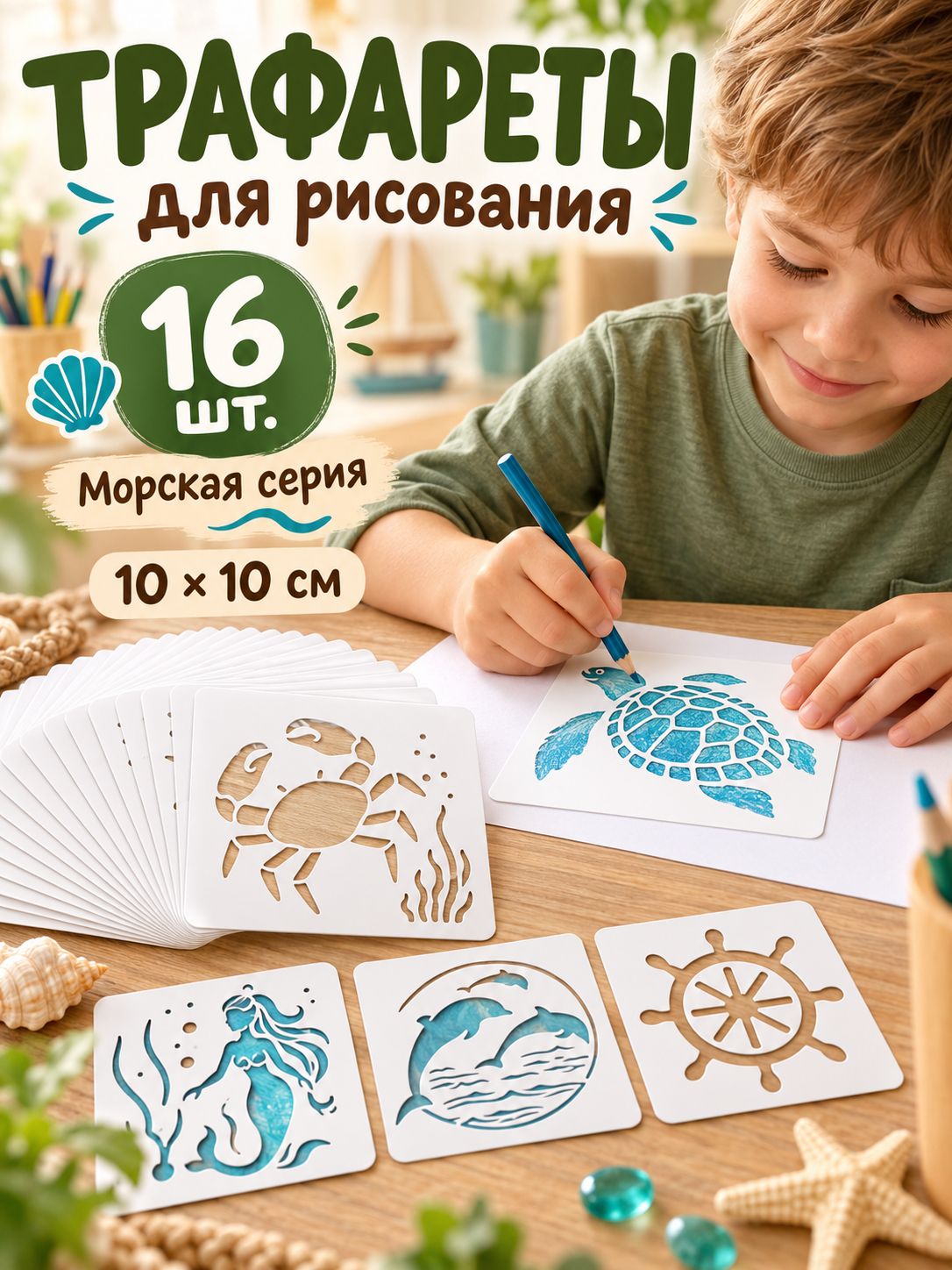 Трафареты для рисования детские, набор 16 шаблонов для творчества, морская серия, 10 x10 см