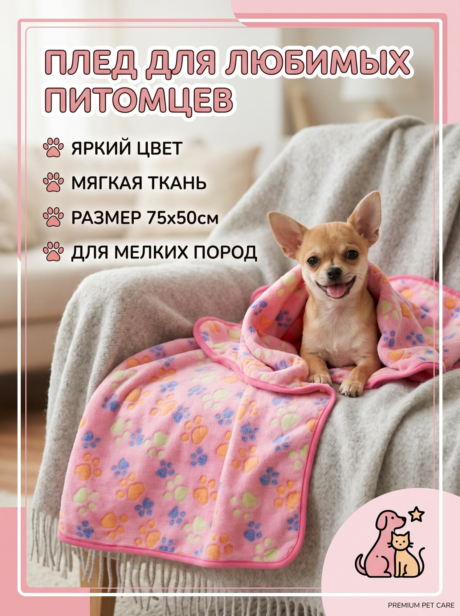 Мягкий плед для собак и кошек мелких пород, яркий розовый с принтом лапок, уютное покрывало 75х50 см для защиты от холода
