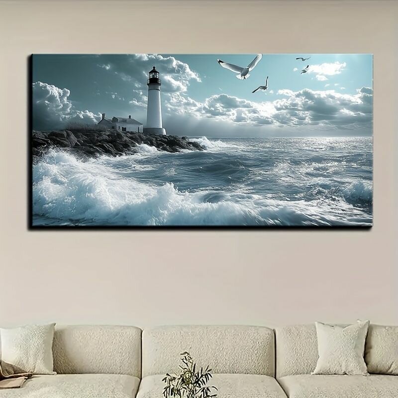 1 картина на холсте размером 60x120 см "Чайка, маяк, голубые волны", настенный постер и принт, картина для гостиной, спальни, столовой, офиса (без рамы)