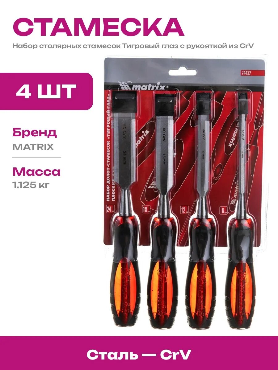 Комплект стамесок плоских 4 предмета сталь CrV для резьбы