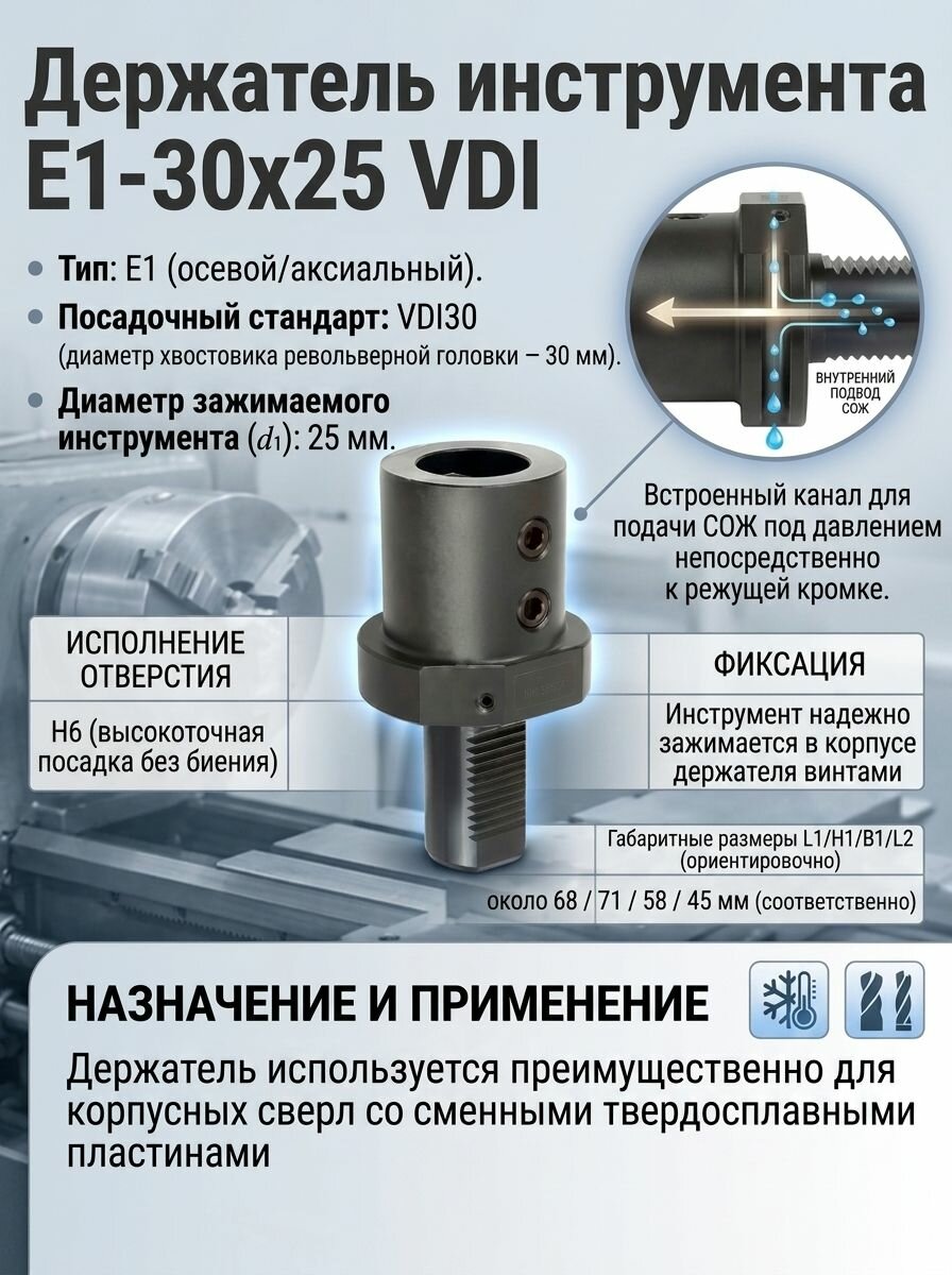 Держатель инструмента E1-30x25 VDI для сверл, аксиальный