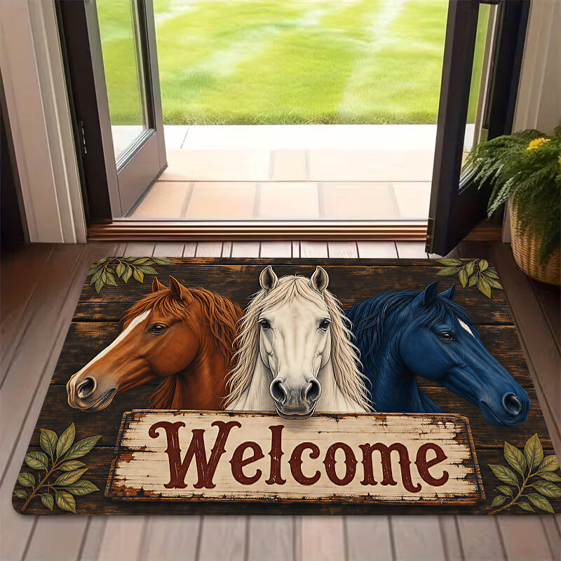 Придверный коврик с 2D-печатью "Винтажная лошадь Welcome", противоскользящий, моющийся, полиэстер, 50x80 см, для дома и улицы