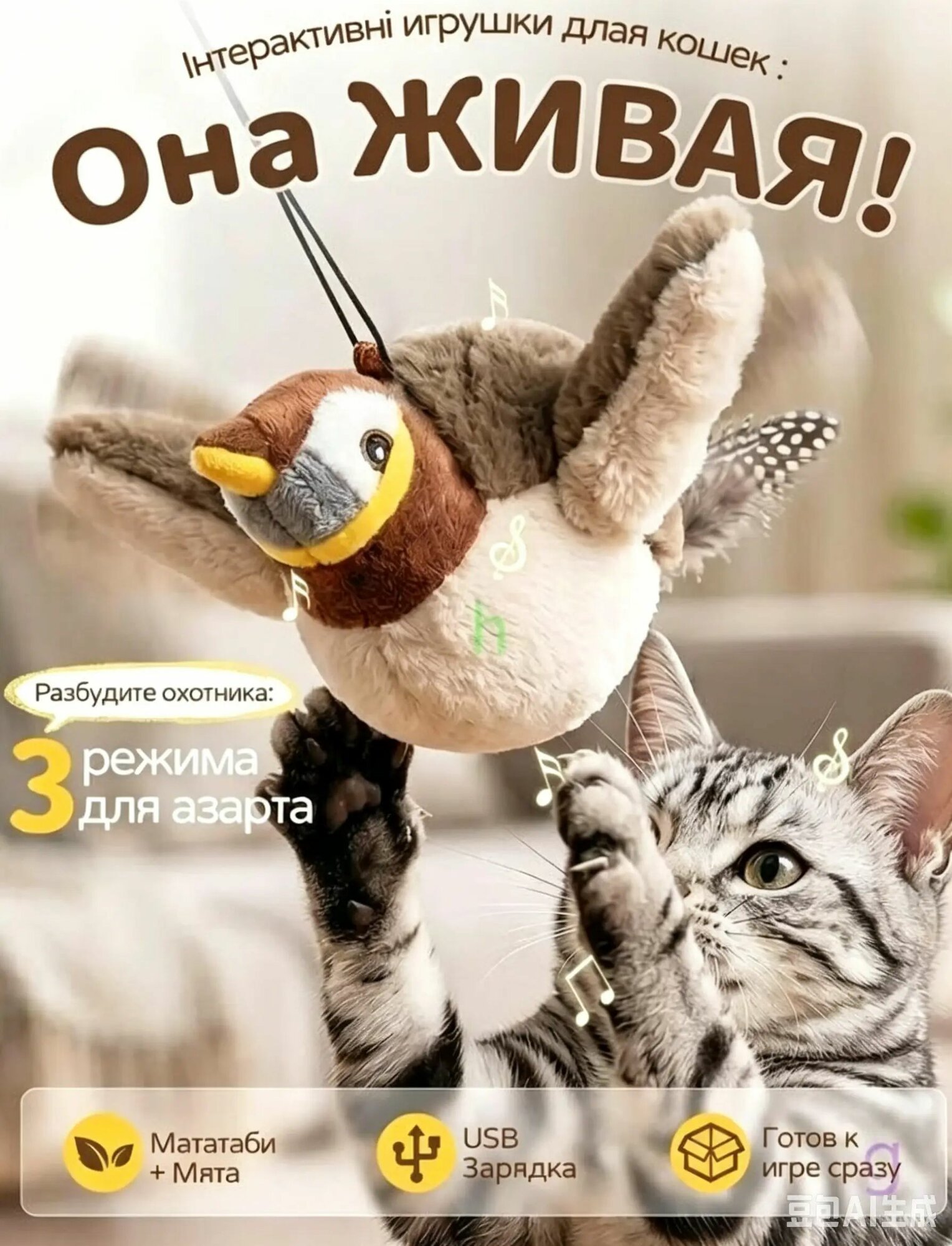 Сенсорная игрушка для котов с мятой, оснащенная тремя режимами движений, применяется в качестве качественного интерактивного аксессуара. 3 режима движения с мятой интерактивная игрушка для кошек