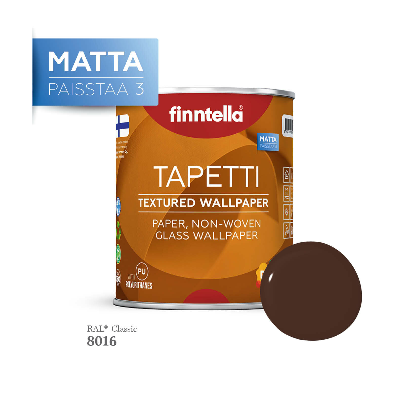 Матовая краска для обоев под окраску TAPETTI Matta FINNTELLA, Цвет RAL 8016 Махагон коричневый (Mahogany brown), 0,9л