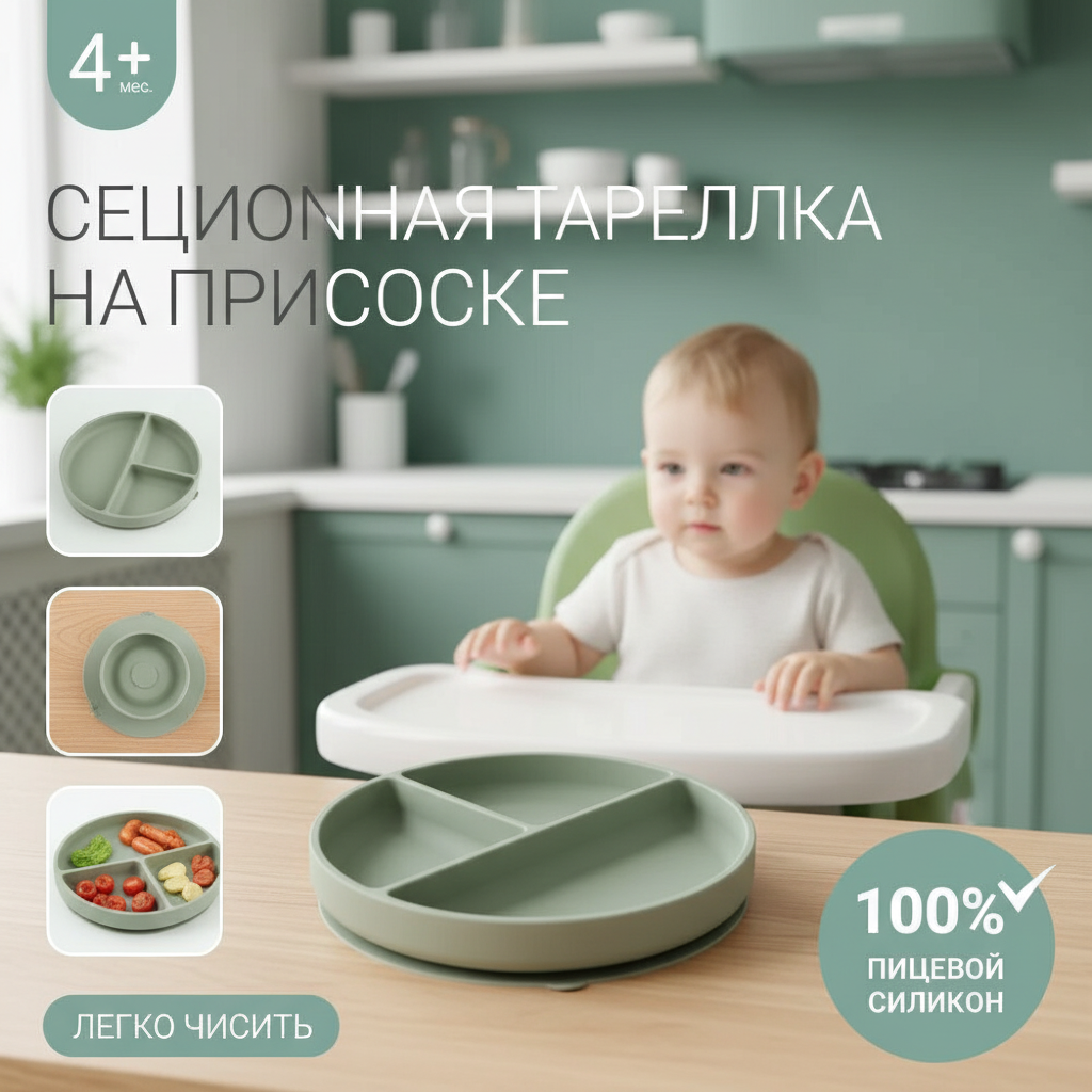 Посуда детская секционная тарелка силикон с вакуумной присоской шалфей