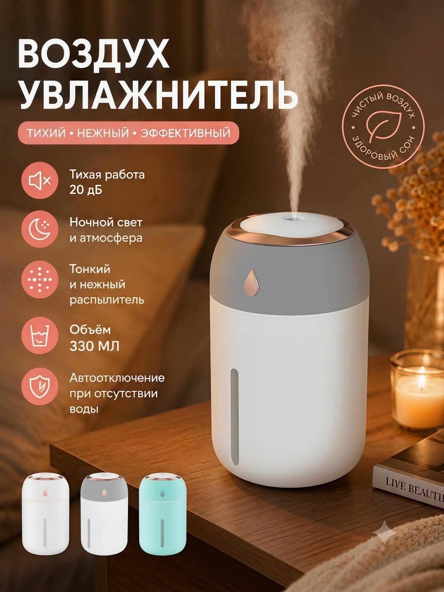 Увлажнитель воздуха Увлажнитель воздуха 260 мл Увлажнитель воздуха «Small M Humidifier» Белый — мини-USB аромадиффузор, с ночником, бесшумный, портативный, для дома и офиса, светло-серый, светло-зеленый 260 мл бесшумный портативный мини USB