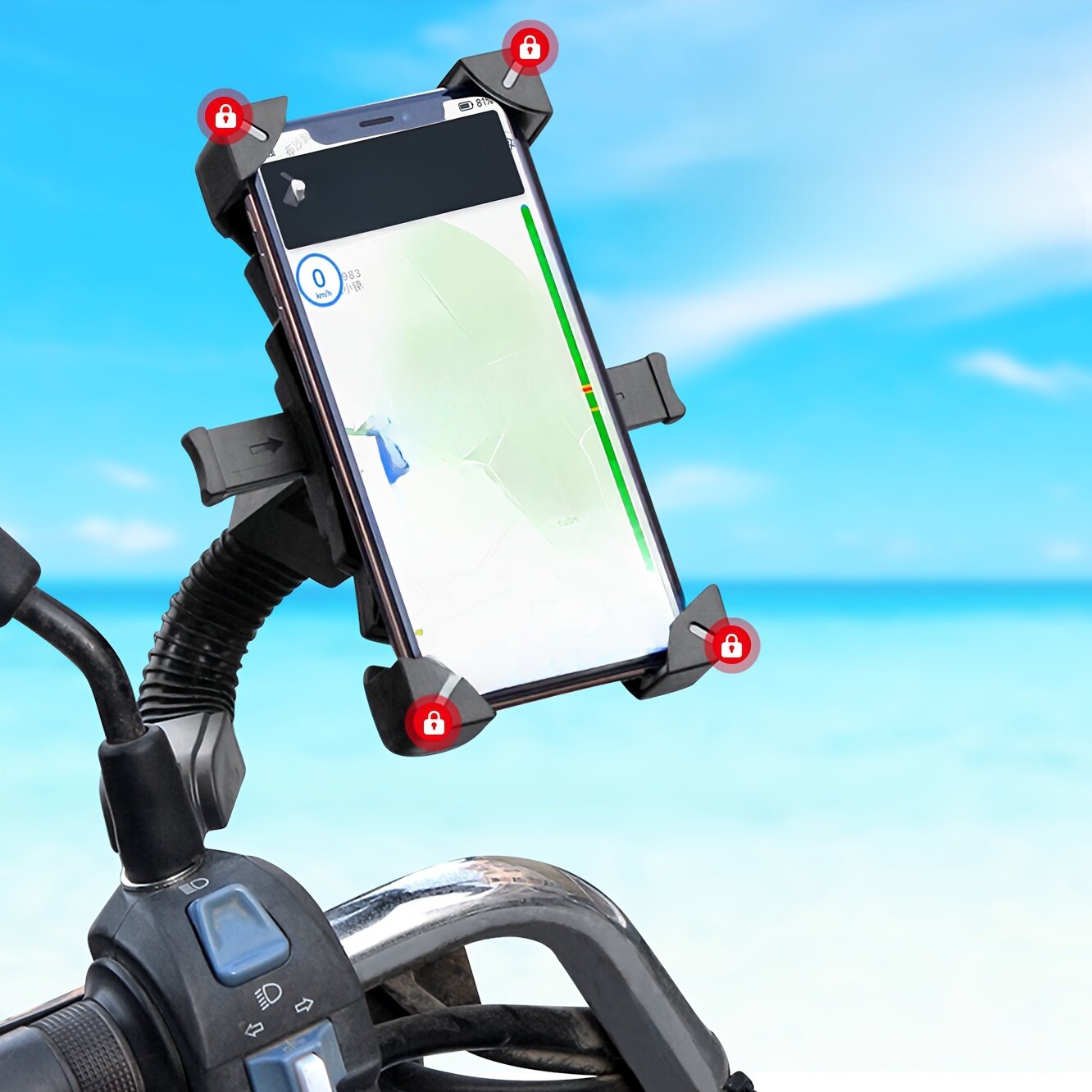 Держатель для смартфона и GPS-навигатора на руль мотоцикла, скутера и велосипеда, из алюминиевого сплава, регулируемый, с четырьмя лапками, надёжным захватом и фиксацией в один клик
