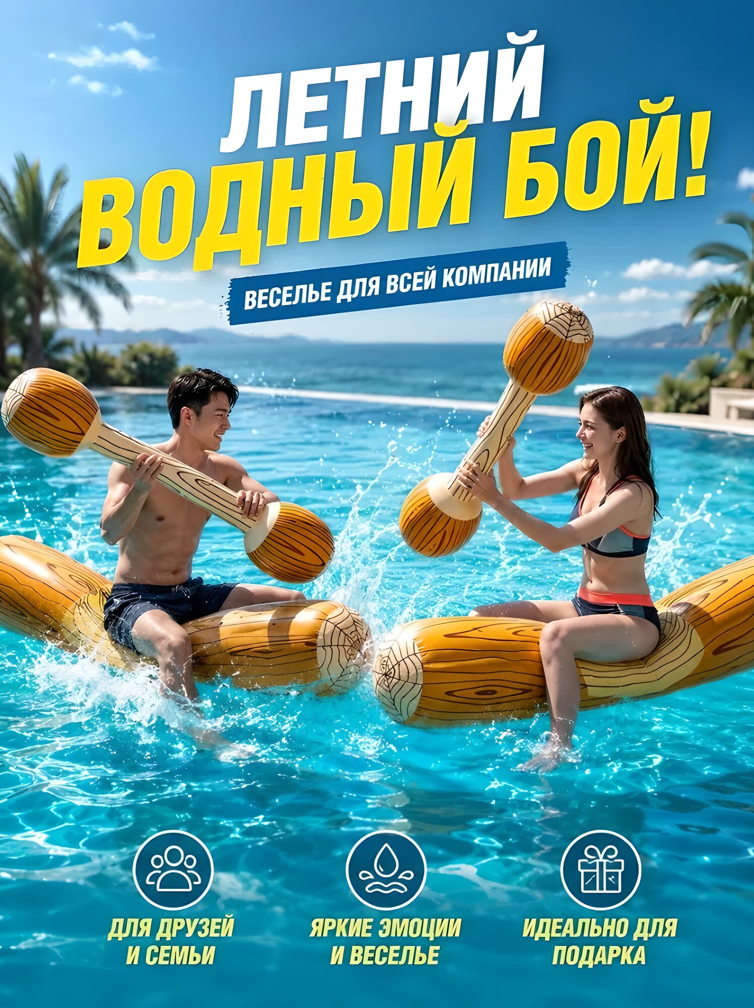 Надувные игрушки для бассейна для двоих, игровой набор с 2 надувными бревнами и 2 веслами, 4 предмета