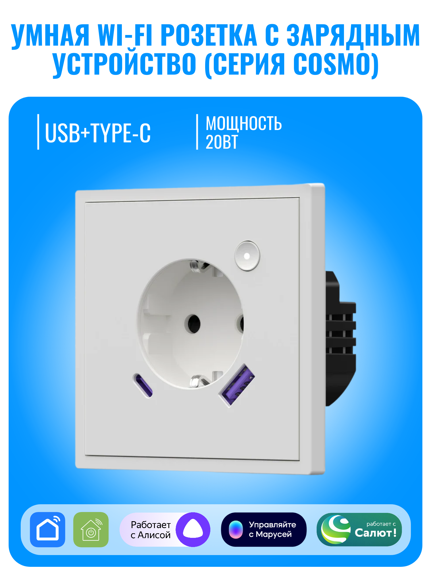 Умная Wi-Fi розетка с зарядным устройством USB и Type-C Smart Aura серия COSMO