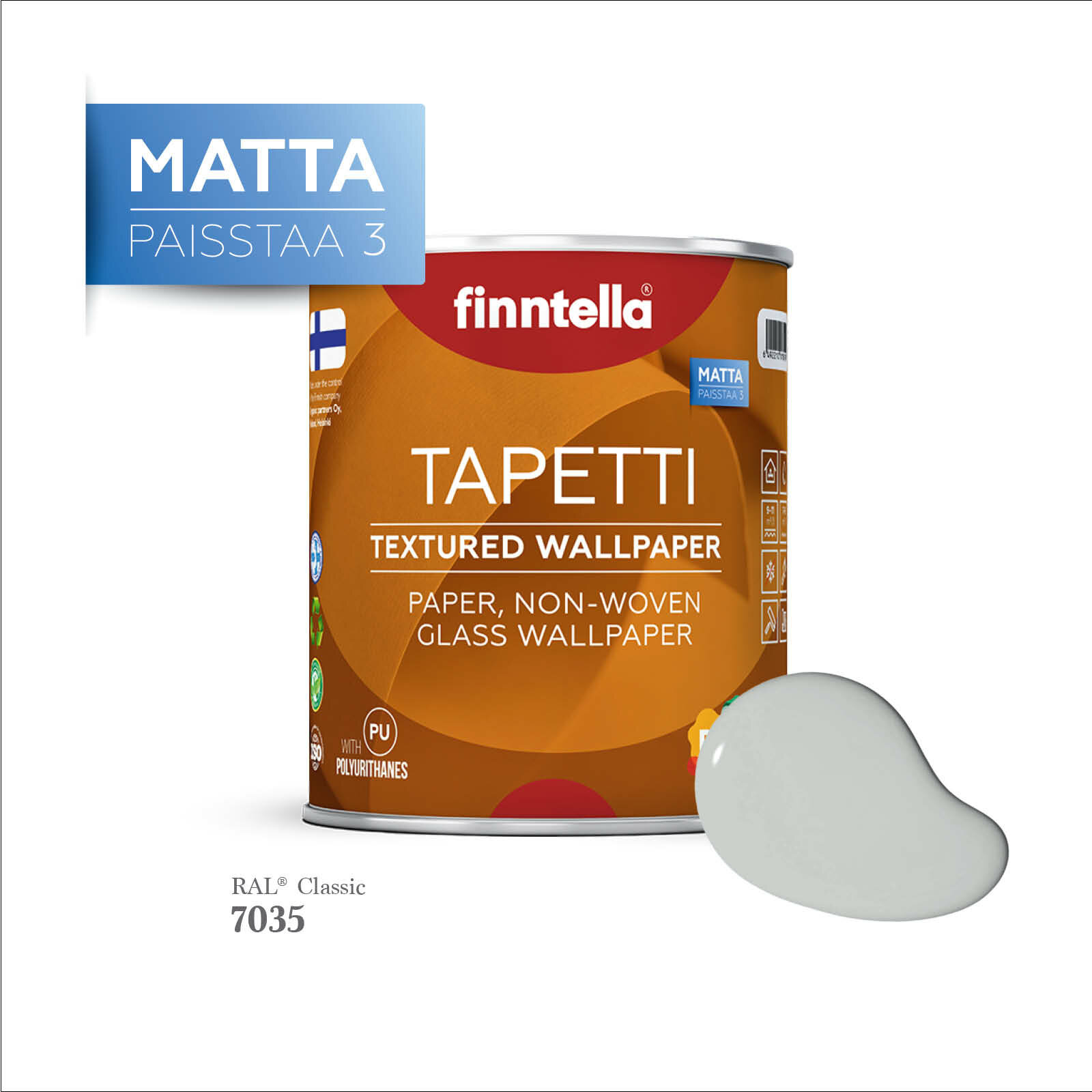 Матовая краска для обоев под окраску TAPETTI Matta FINNTELLA, Цвет RAL 7035 Светло-серый (Light grey), 0,9л