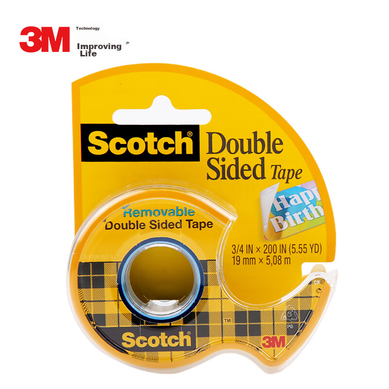 3M Scotch Double-Sided Tape, Removable Double-Sided Tape 238, Easy-To Transparent, Office Supplies, 19mm×5.08m, with Cutter