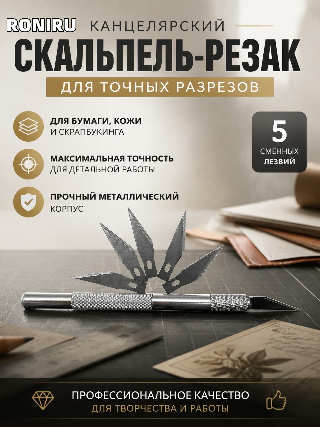 Канцелярский скальпель-резак для бумаги, кожи и скрапбукинга — нож с 5 сменными лезвиями для точных разрезов