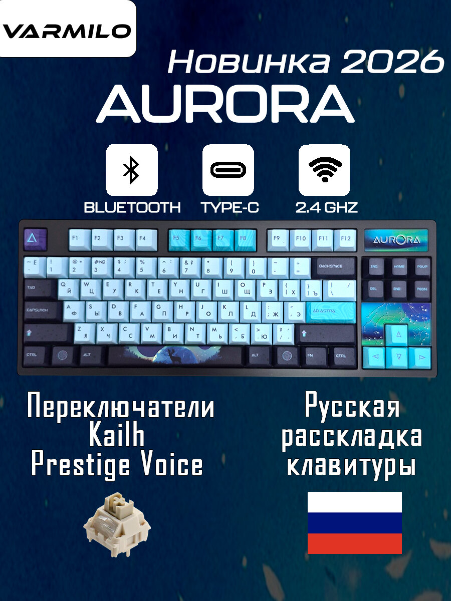 Механическая клавиатура Varmilo VA80 Aurora Kailh Prestige Voice черный/светло-синий (RUS) Bluetooth/USB/Радиоканал