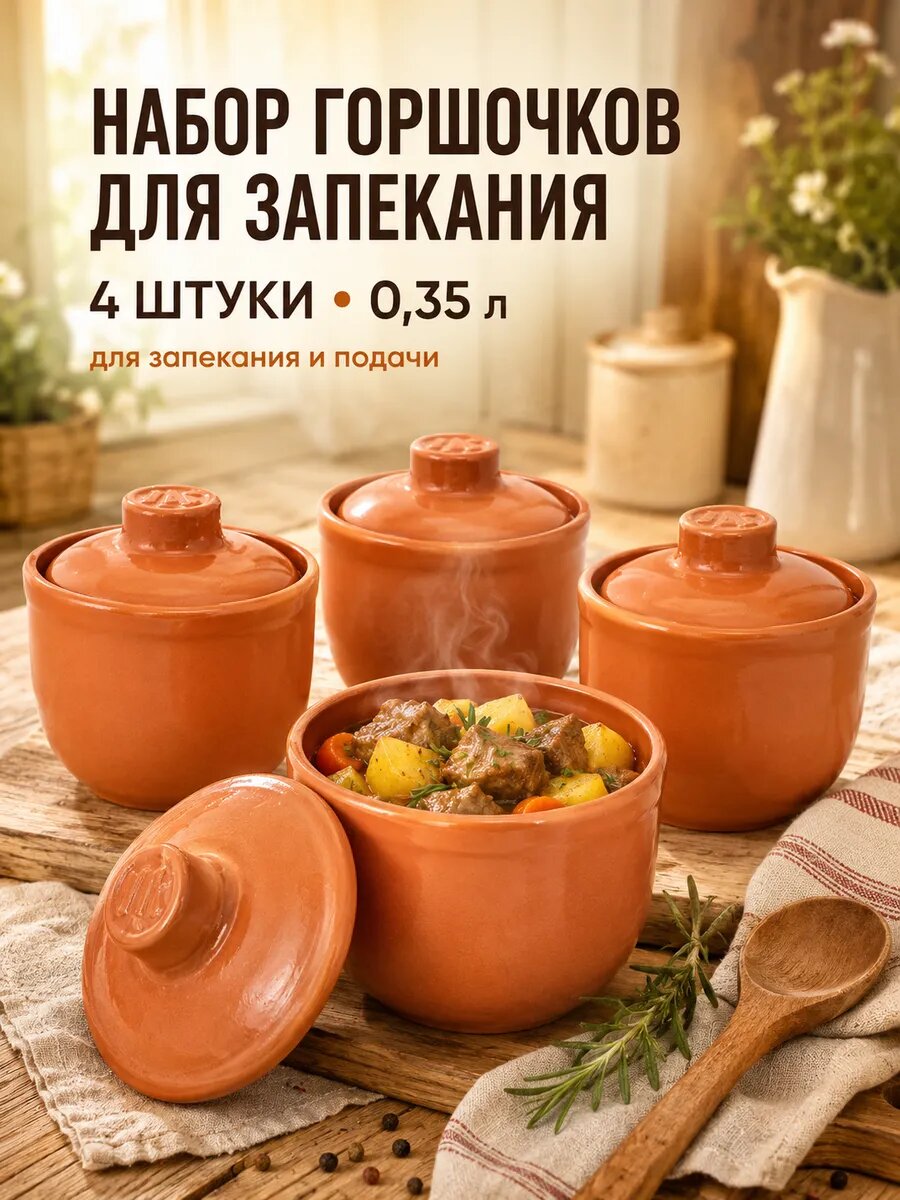 Горшочки для запекания Ломоносовская керамика «Терракот», набор 4 шт, 350 мл, оранжевые