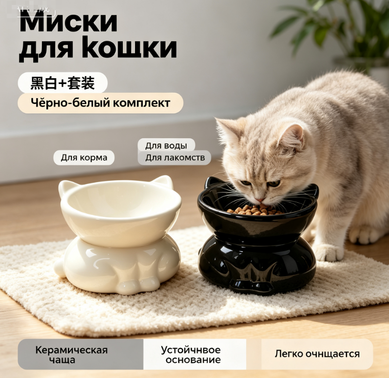 Очаровательная керамическая миска для кошек, миска для домашних животных со скошенными ножками и большой вместимостью.