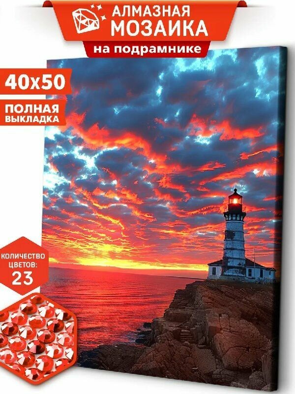 Алмазная мозаика холст на подрамнике 40х50 "Маяк на закате" / Картина стразами