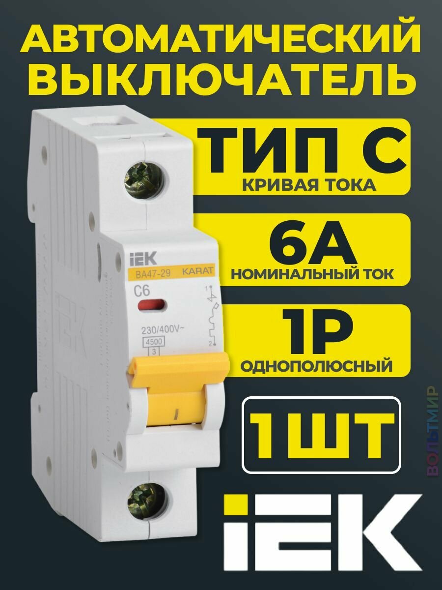 Автоматический выключатель ВА47-29 1Р 6А 4,5кА С IEK, 1 шт.