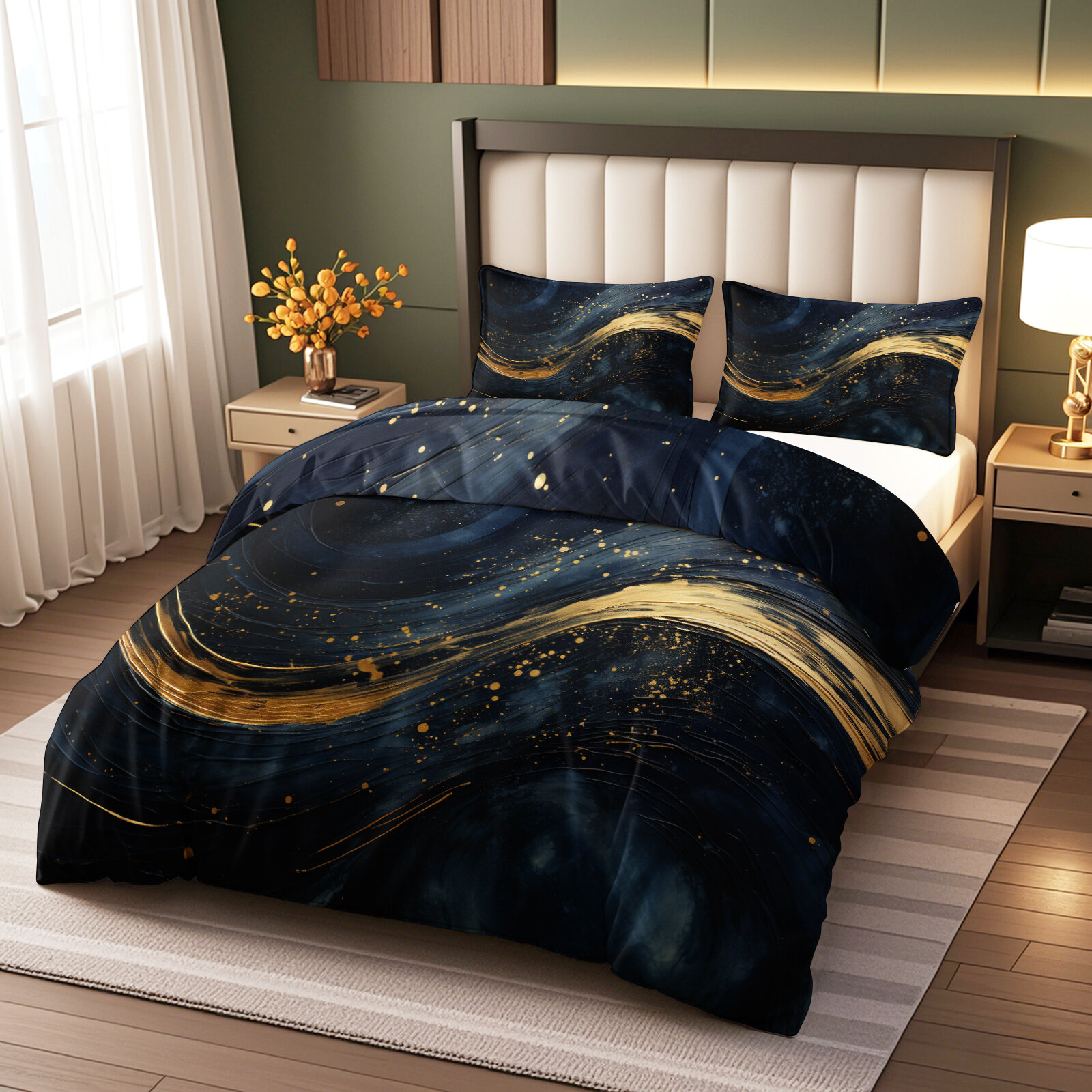 Комплект постельного белья 3 предмета 145x210cm Голубой Золотой Мрамор Mикрофибра,2 наволочки 70х70