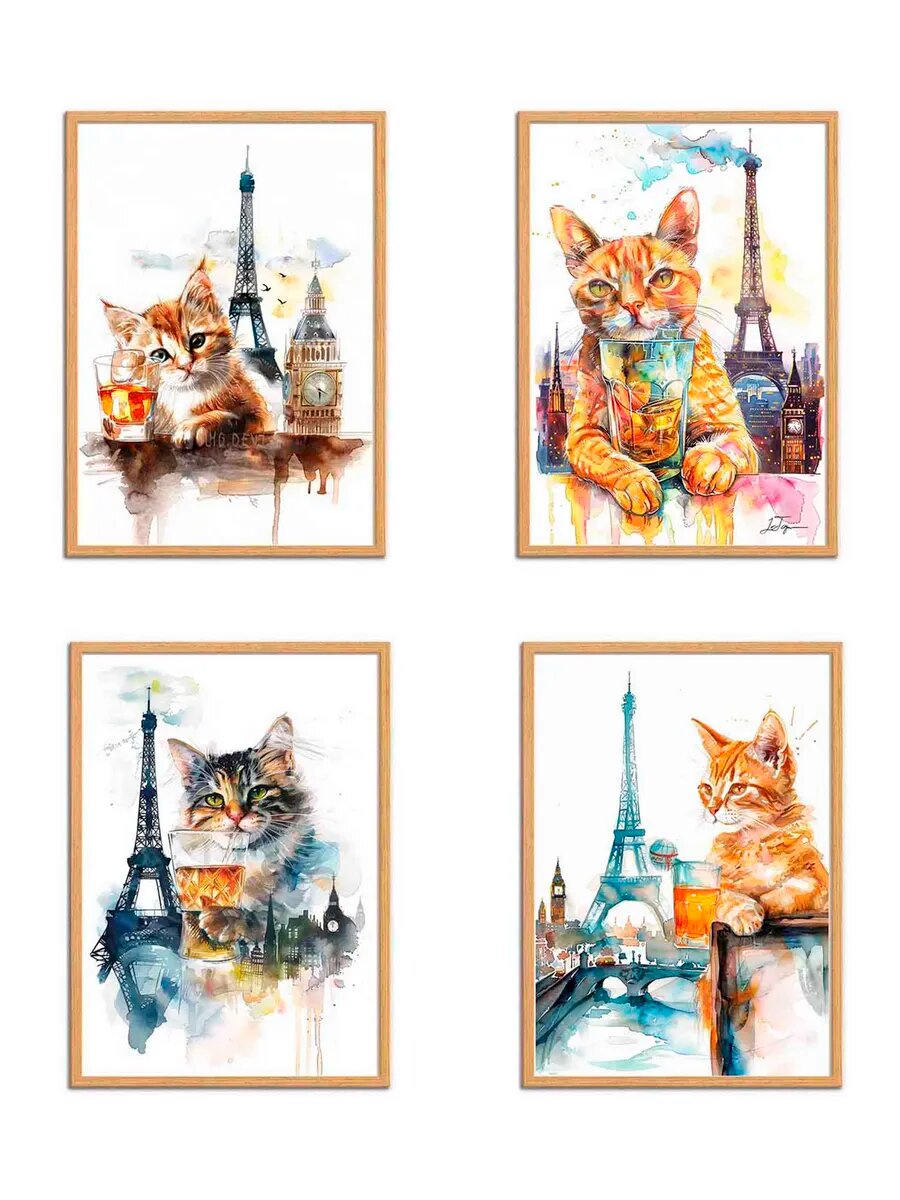 Кошка Као Мани Пьет Виски, 4 Плаката, 30x21см