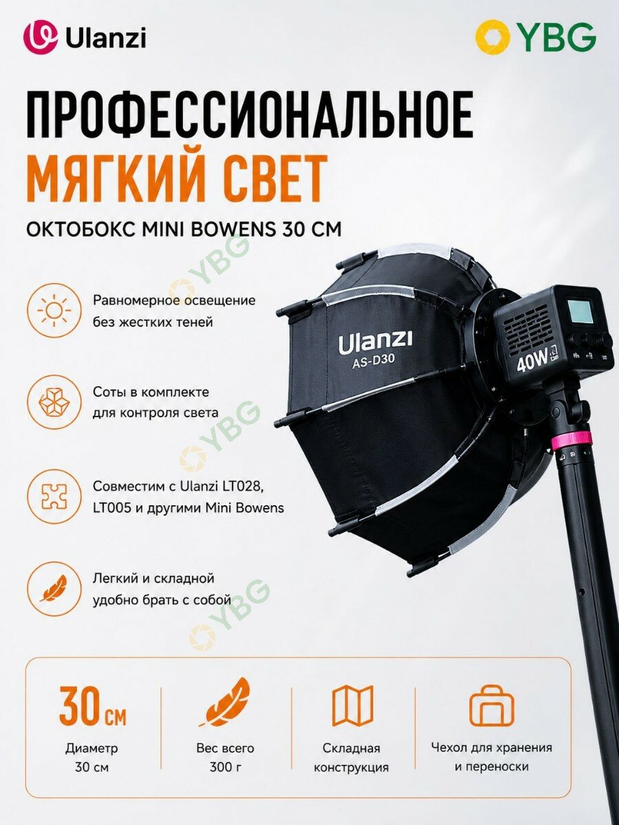 Софтбокс октобокс Ulanzi 30 см восьмиугольный с сотами, Mini Bowens, для видеосвета и фотосессий (L083GBB1)