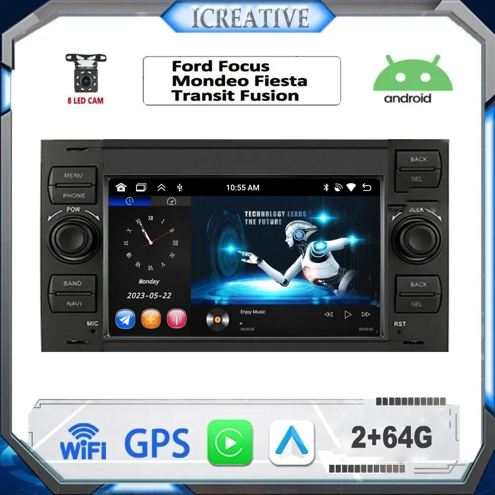 Icreative Автомагнитола, диагональ: 7", 2 DIN, 2ГБ/64ГБ