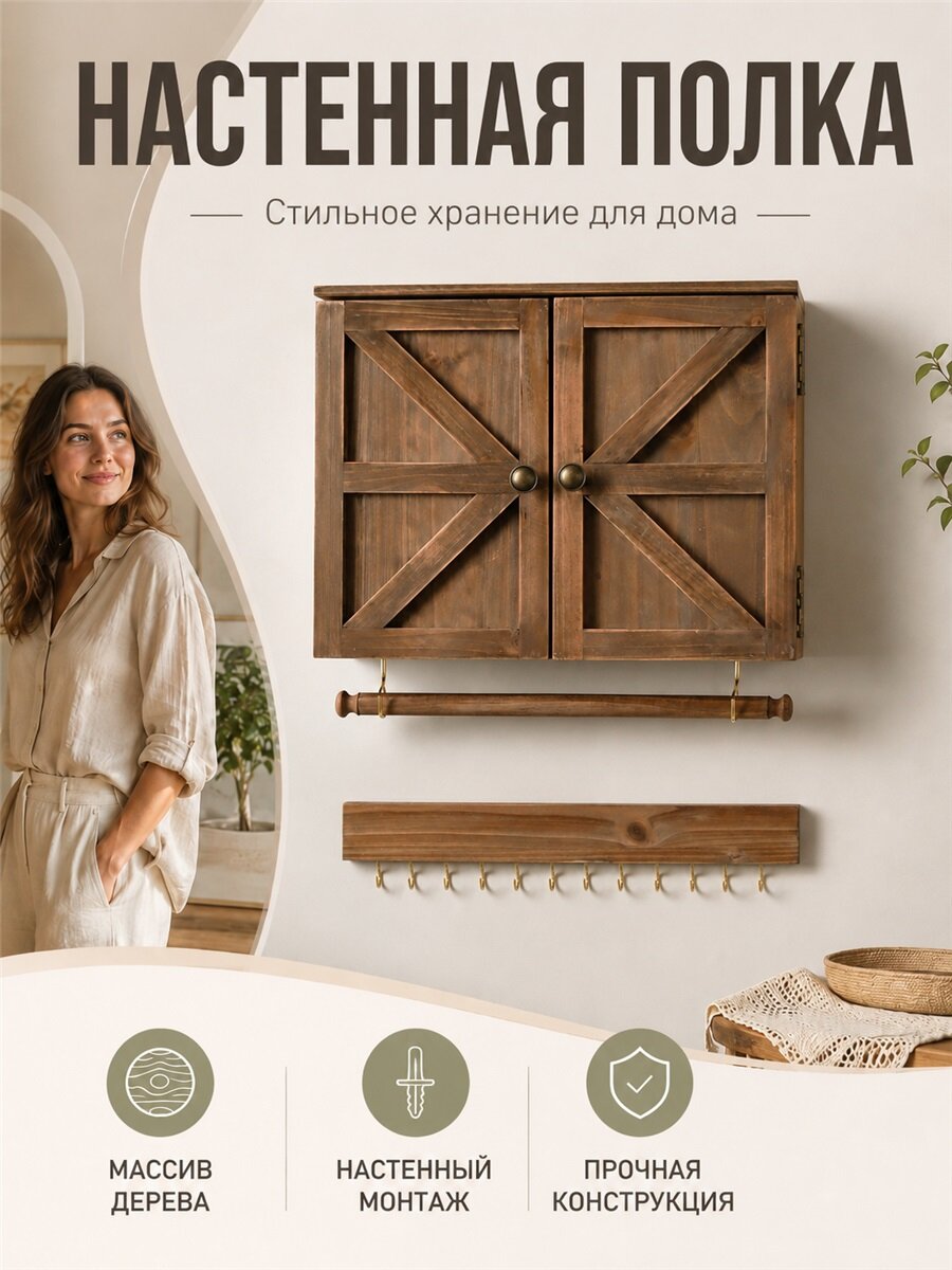 Настенная полка деревянная с дверцами, вешалка и крючки, органайзер для хранения вещей в прихожей, ванной комнате и на кухне