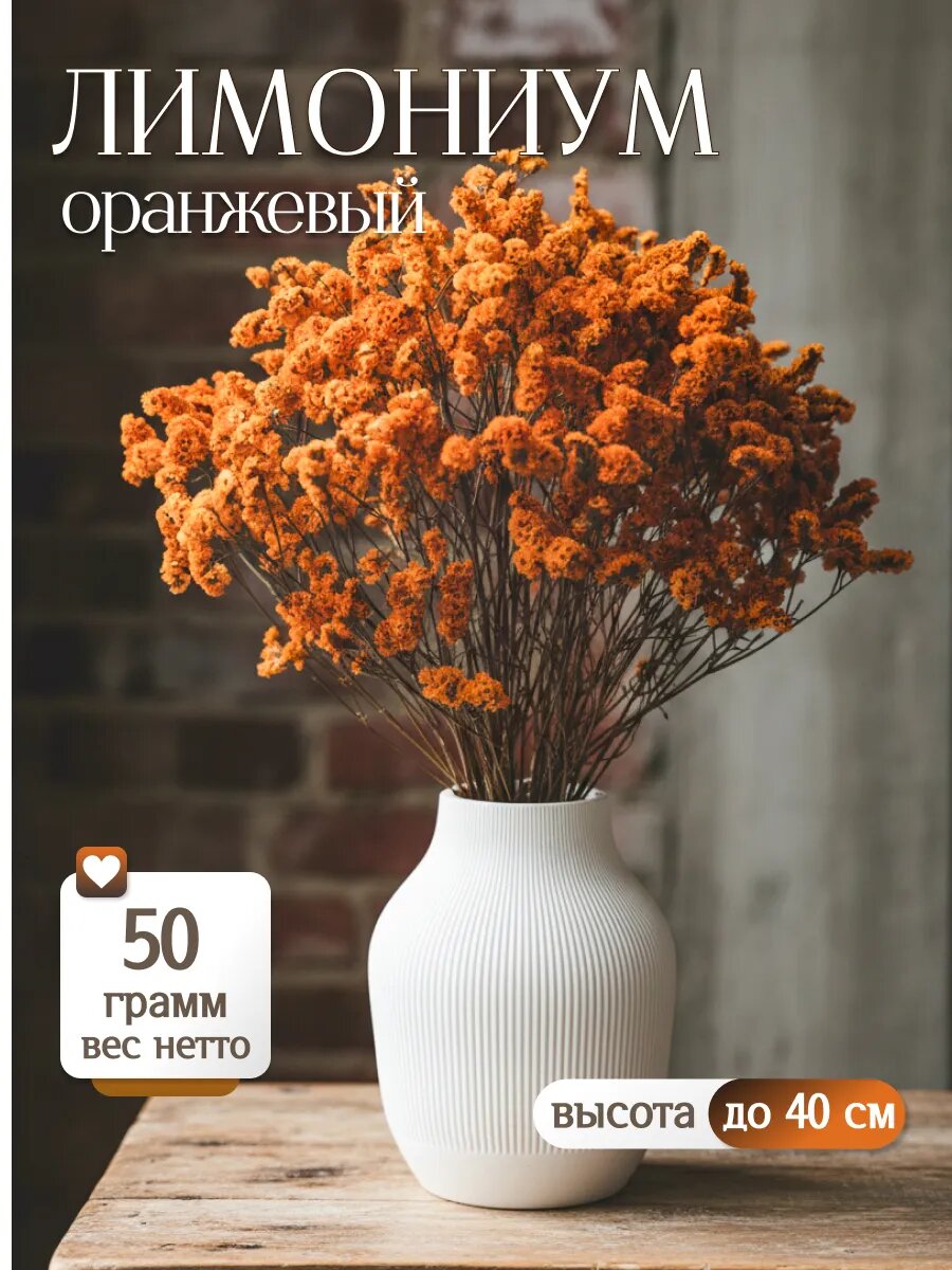 Стабилизированные цветы лимониума ораневые 50 г, сухоцветы для декора до 35 см, elka.bio