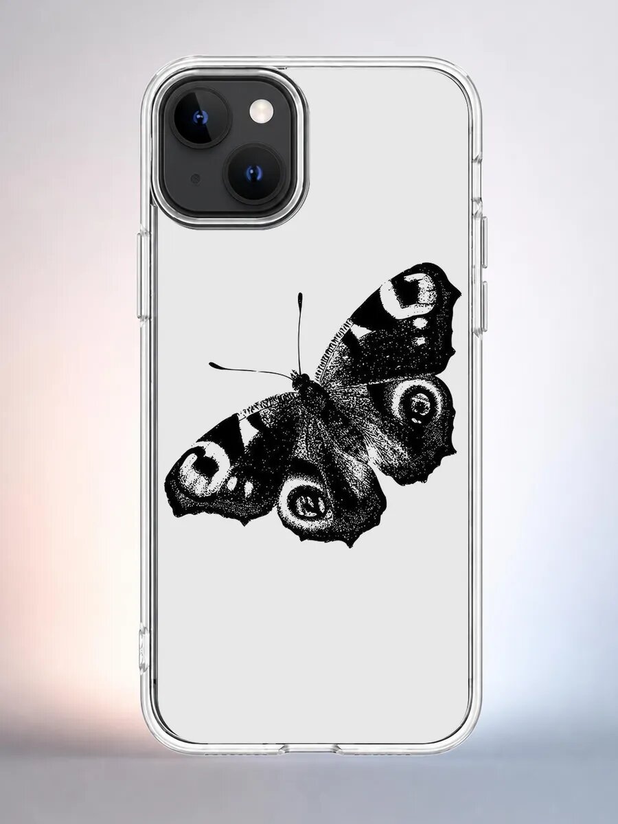 Чехол iPhone 15 бабочка павлиний глаз силиконовый прозрачный