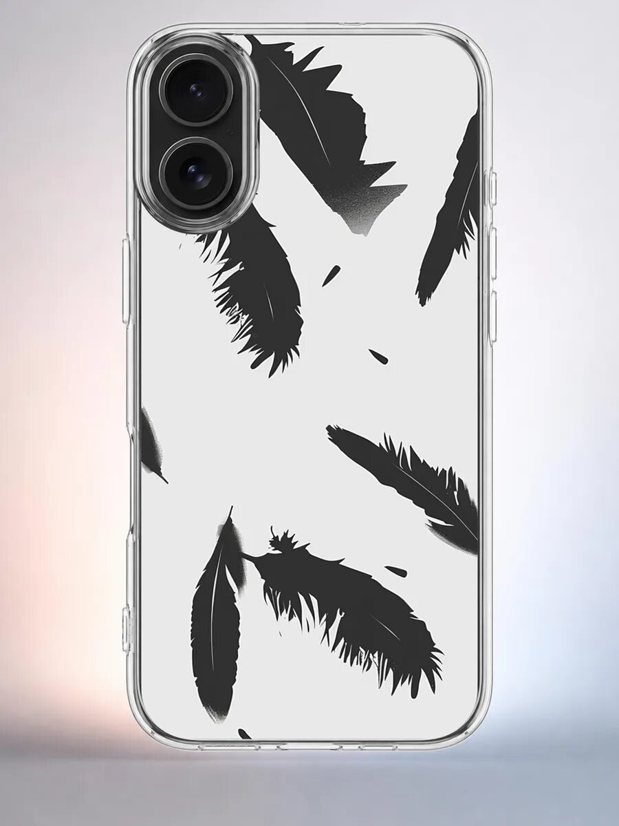 Чехол iPhone 16 Падающие перья силиконовый прозрачный
