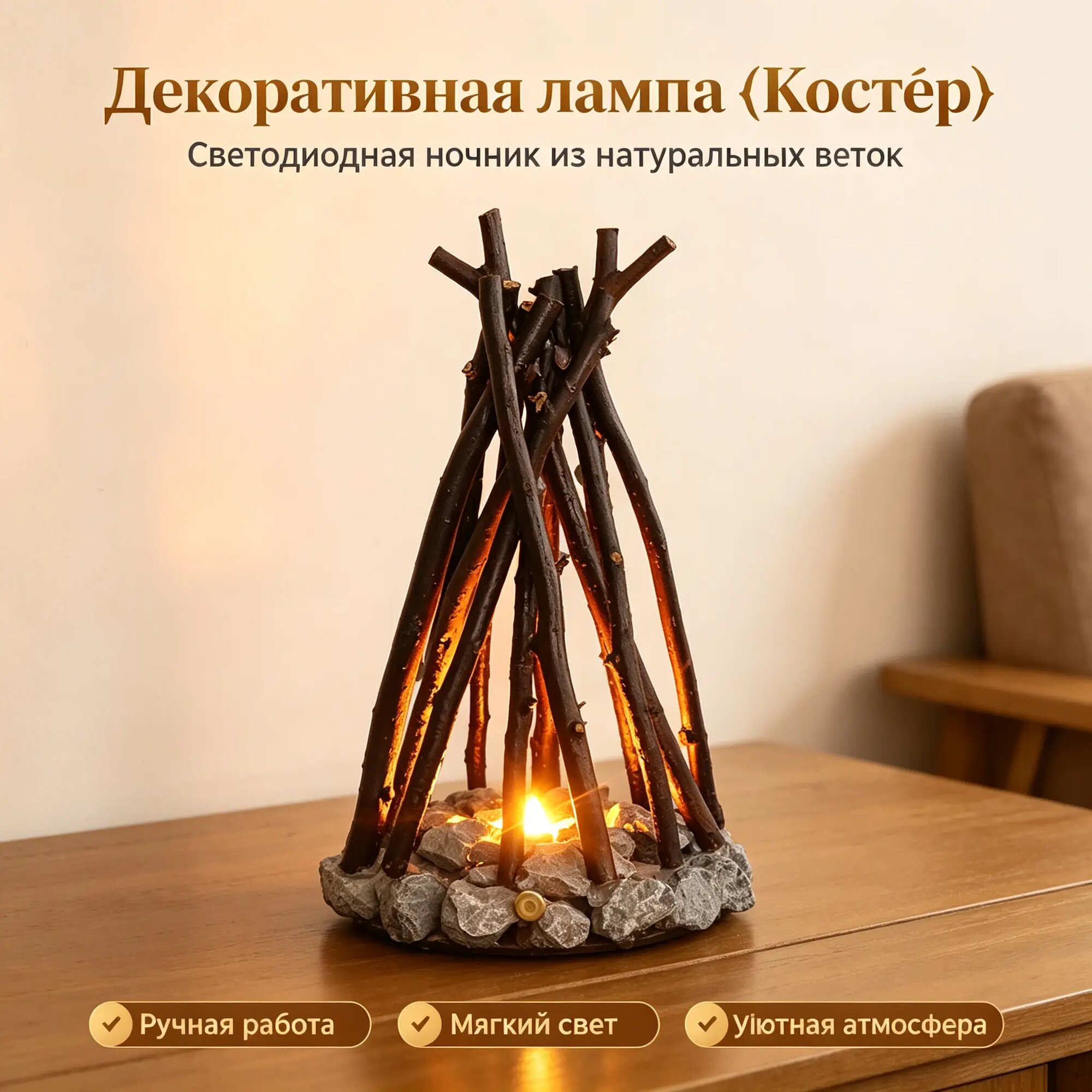 Декоративный ночник имитация костра из камней и веток большой размер с теплым светом тремя режимами яркости сенсорным управлением и встроенной батарее