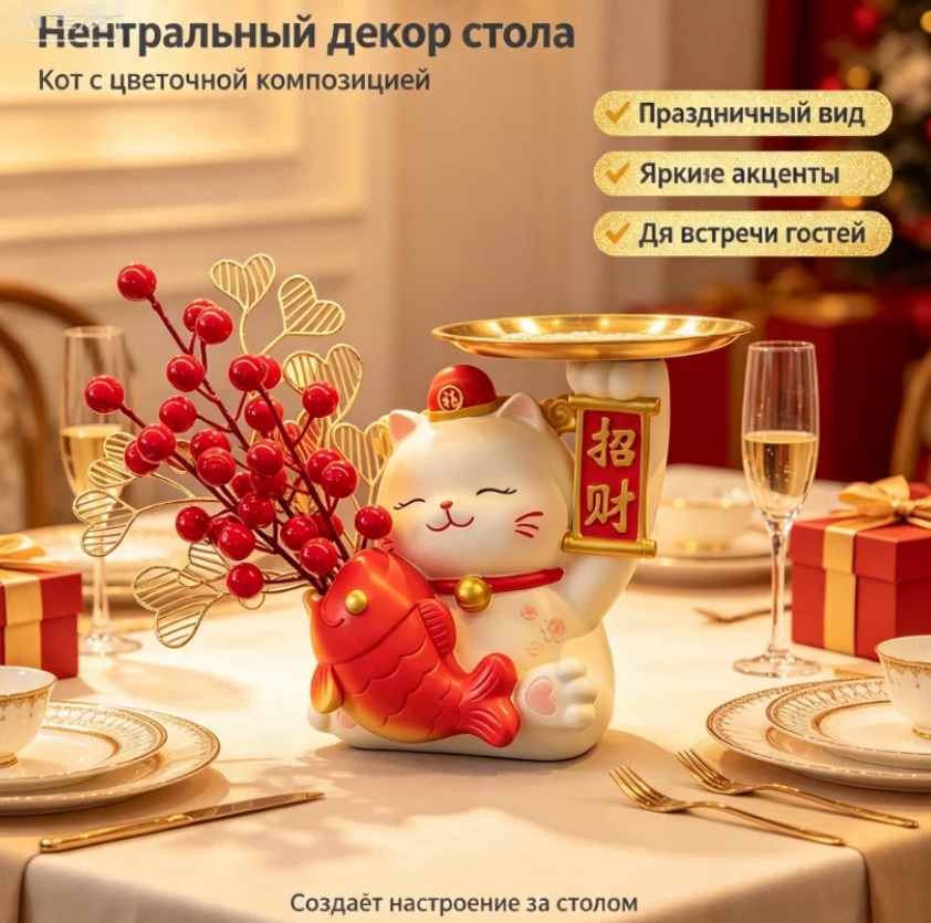 Декоративная статуэтка Манэки‑нэко с подносом, органайзер для ключей и украшений, сувенир на праздник
