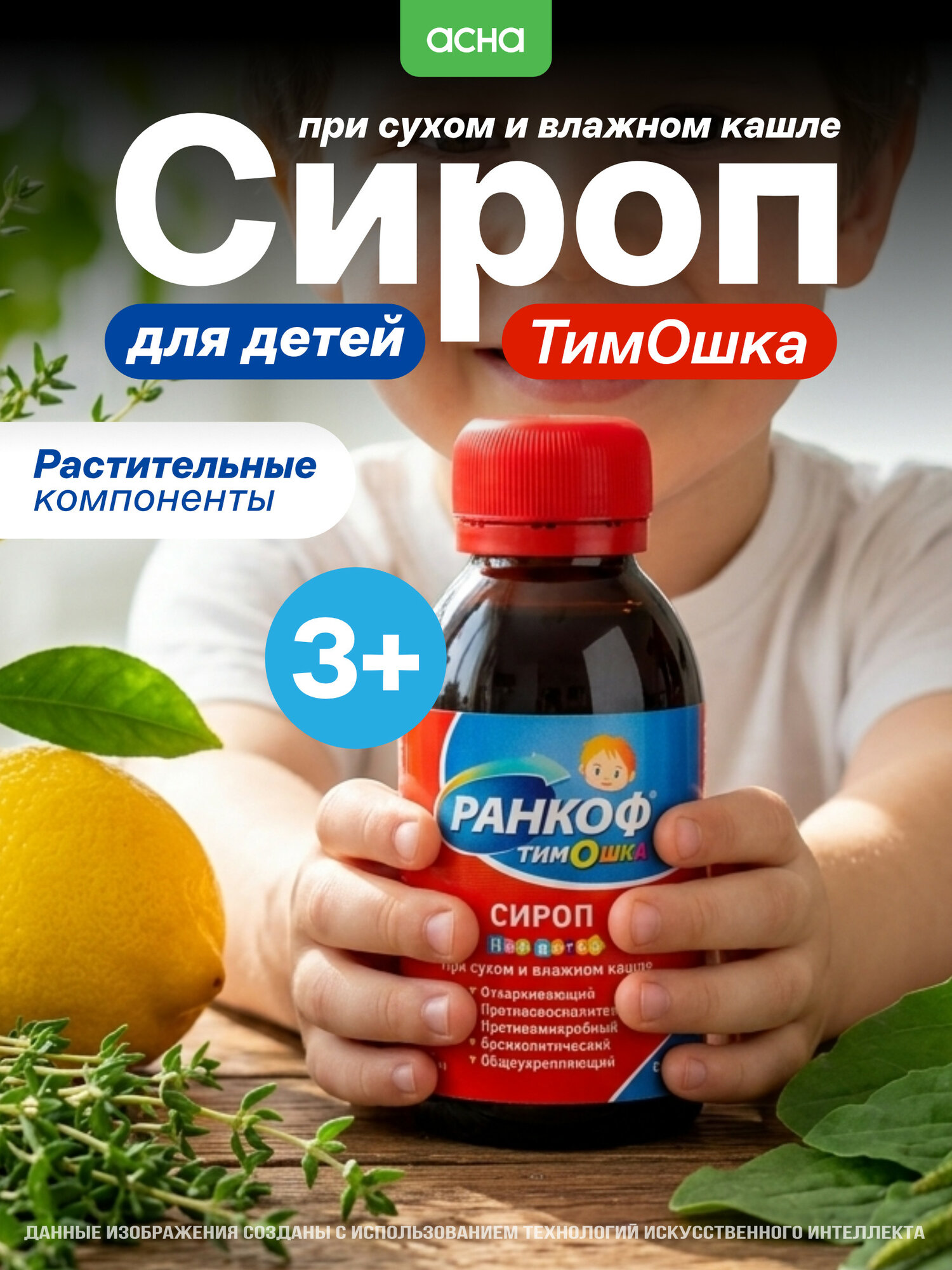 Сироп при кашле, микстура при простуде и гриппе, от сухого и влажного кашля, для детей 100 мл Ранкоф Тимошка Аптека Асна
