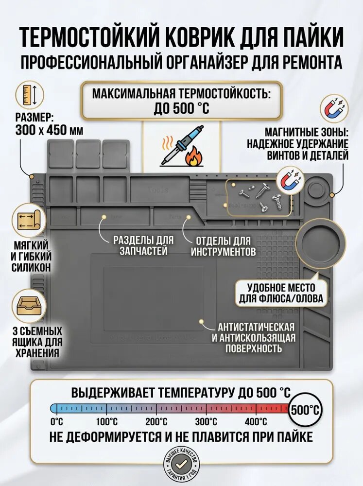 Термостойкий коврик для пайки 300*450 мм, силиконовый коврик-органайзер с магнитами и ячейками для деталей