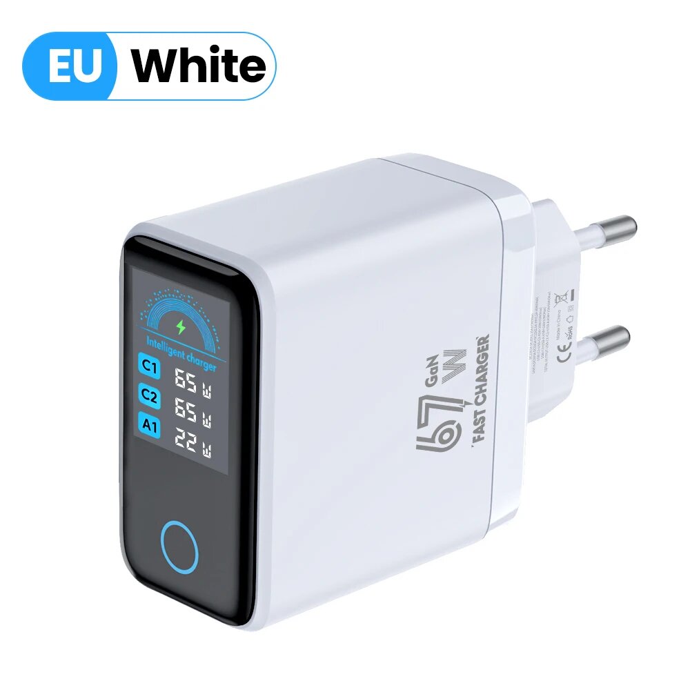 Быстрое зарядное устройство PD67W GaN с USB Type-C и ЖК-дисплеем для iPhone 17, 16, Белый, White EU
