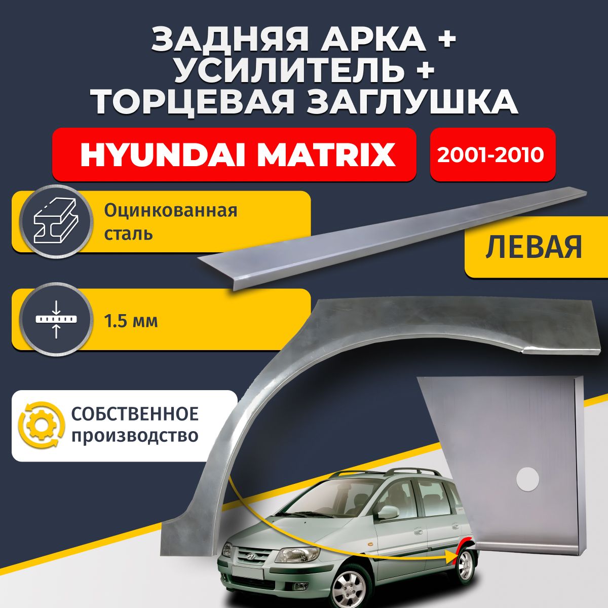 Левая ремонтная задняя арка (0,8 мм) + торцевая заглушка (1,5 мм) + усилитель (1,5 мм) на Hyundai Matrix 2001-2010 (Хендай Матрикс). Оцинкованная сталь