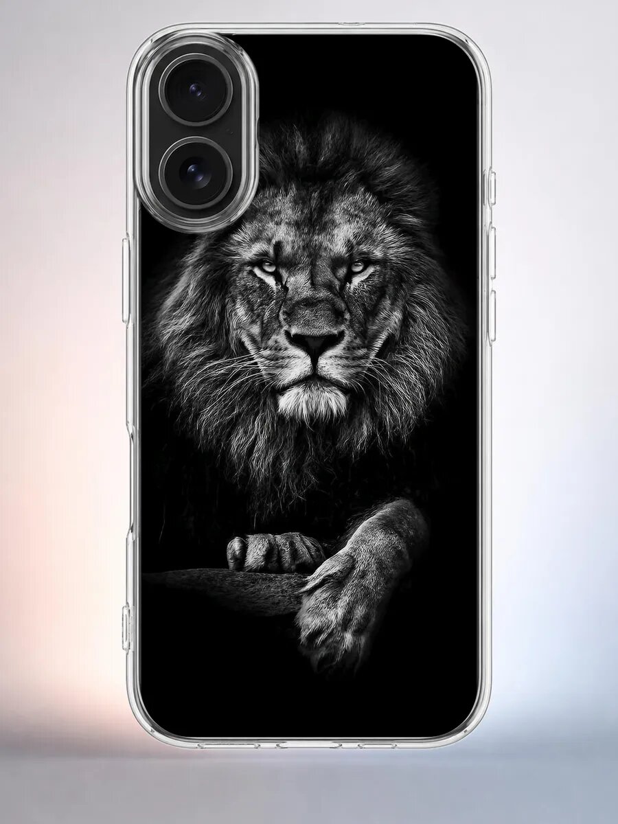 Чехол iPhone 16 лев профиль тёмный силиконовый