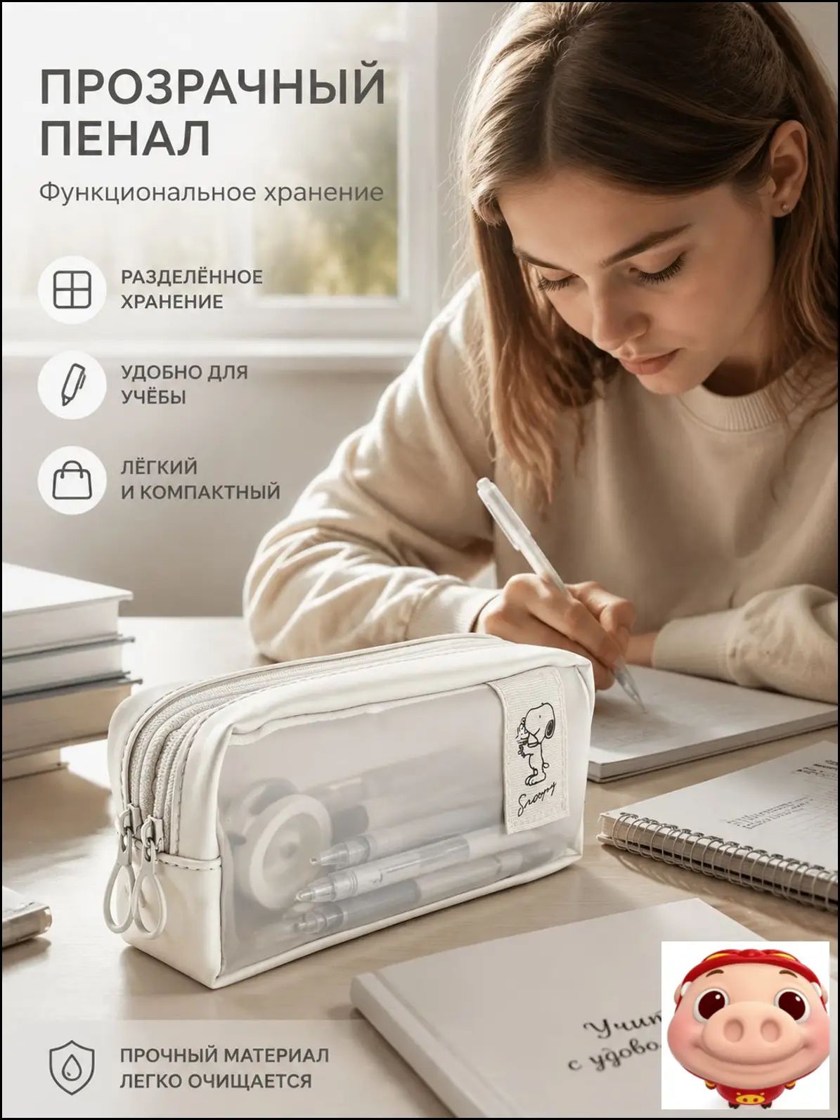 Пенал Snoopy снупи открытый, аниме принт, белый, для взрослых, практичный органайзер для канцелярии — фото 1