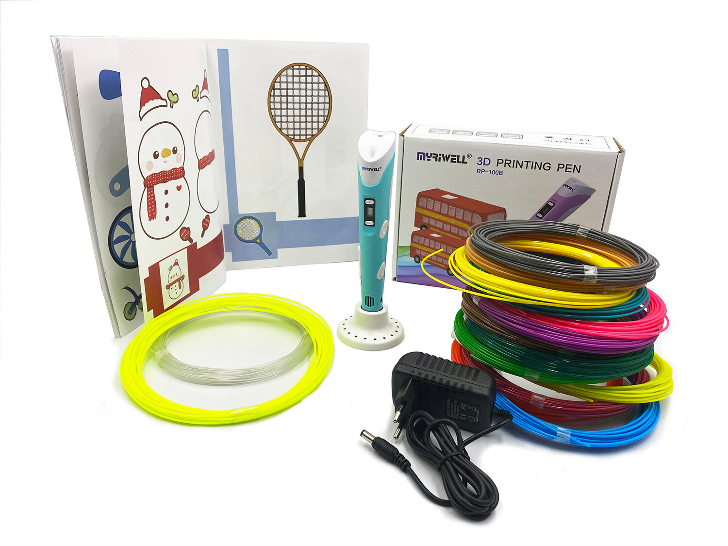 3Д ручки Myriwell 3D ручка Myriwell RP100B + 220 м пластика + книжка с трафаретами (40 штук) + термоковрик + подставка (Голубой)