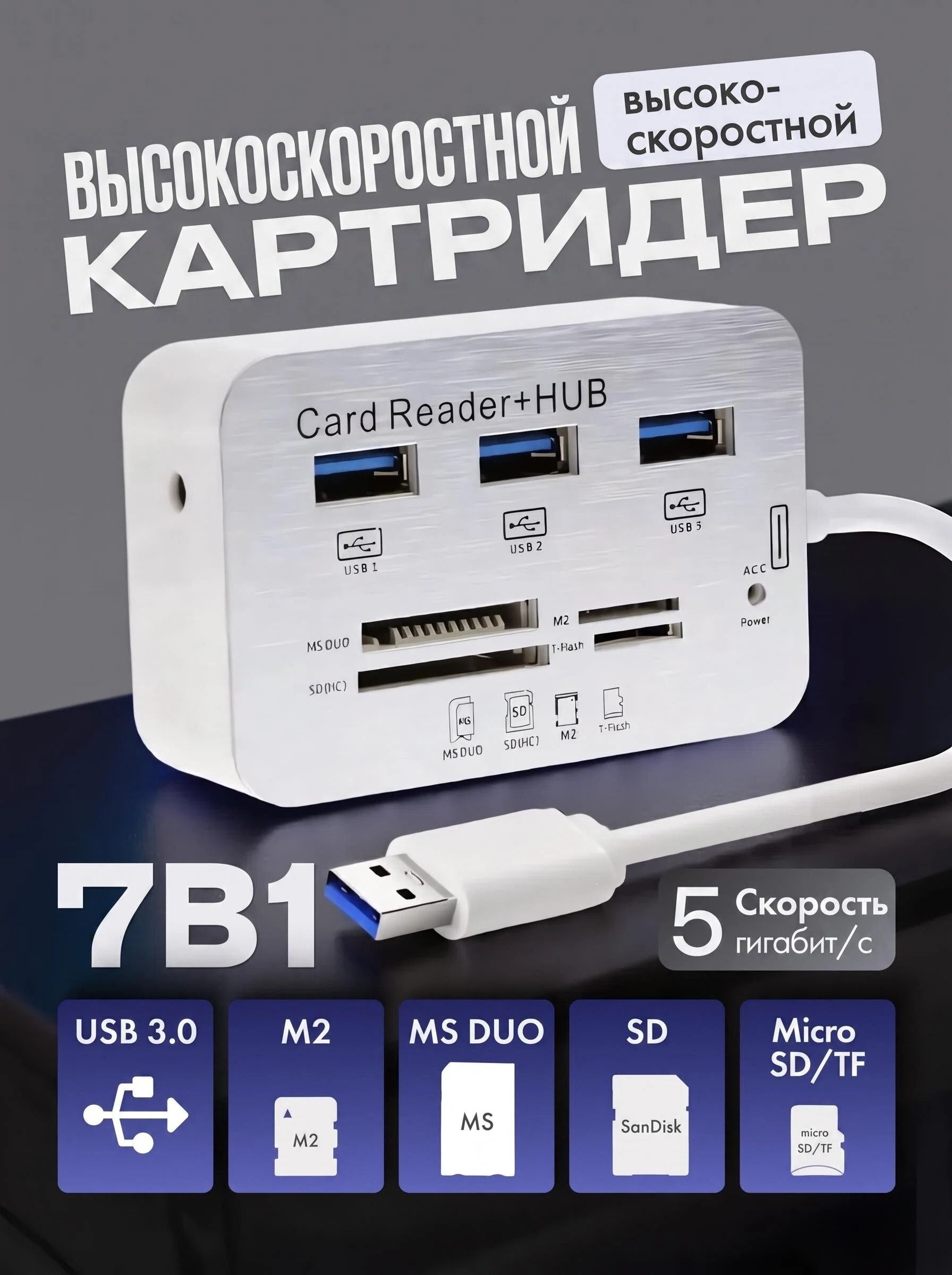 Картридер 5 в 1 USB 3.0 для MicroSD/SD/M2/MS/MMC + USB HUB, адаптер для карт памяти