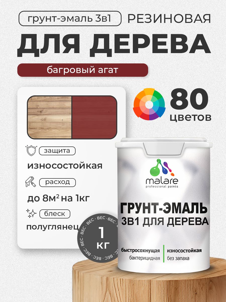 Резиновая Грунт-Эмаль 3 в 1 Malare для деревянных поверхностей/ краска по дереву с антисептическим эффектом/ быстросохнущая моющаяся без запаха полуглянцевая, багровый агат, 1 кг