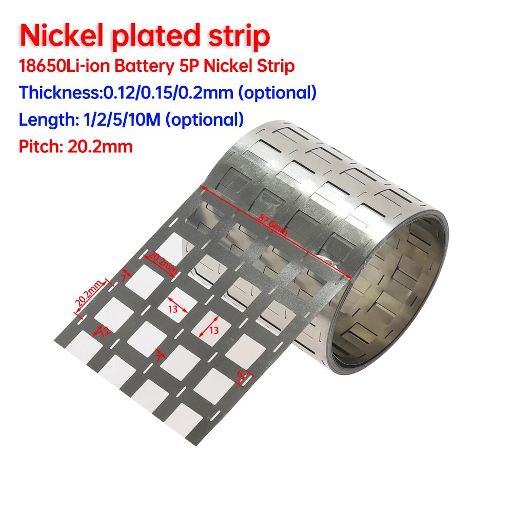 Никелированная полоса DSUNYK для сварки аккумуляторов 10 meter, thickness 0.12mm, 5P 20.2x87.6mm