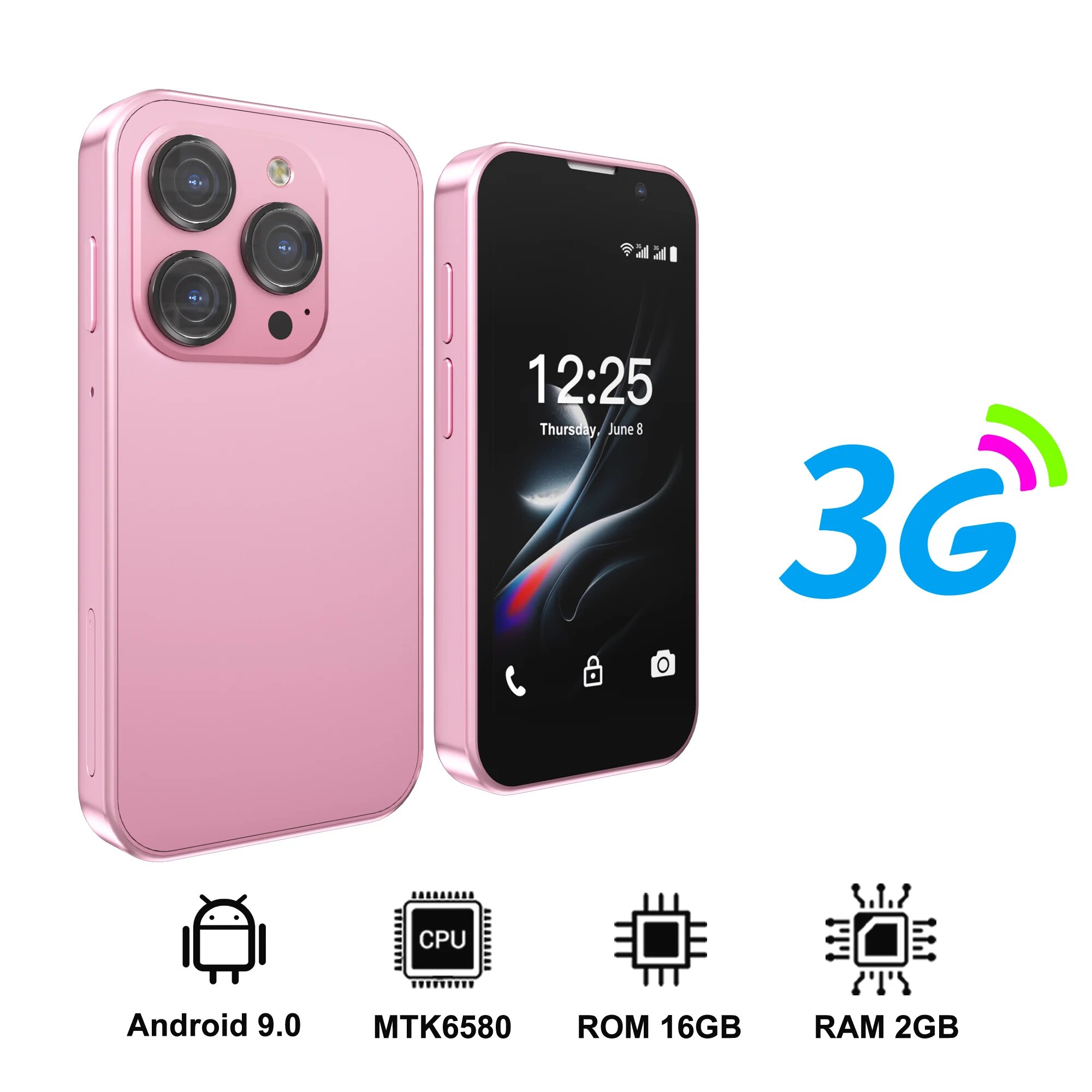 Розовый смартфон SERVO NEW 3G, Android 9.0, 2GB RAM, 16GB ROM