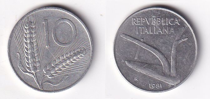 Италия 10 лир 1981 год