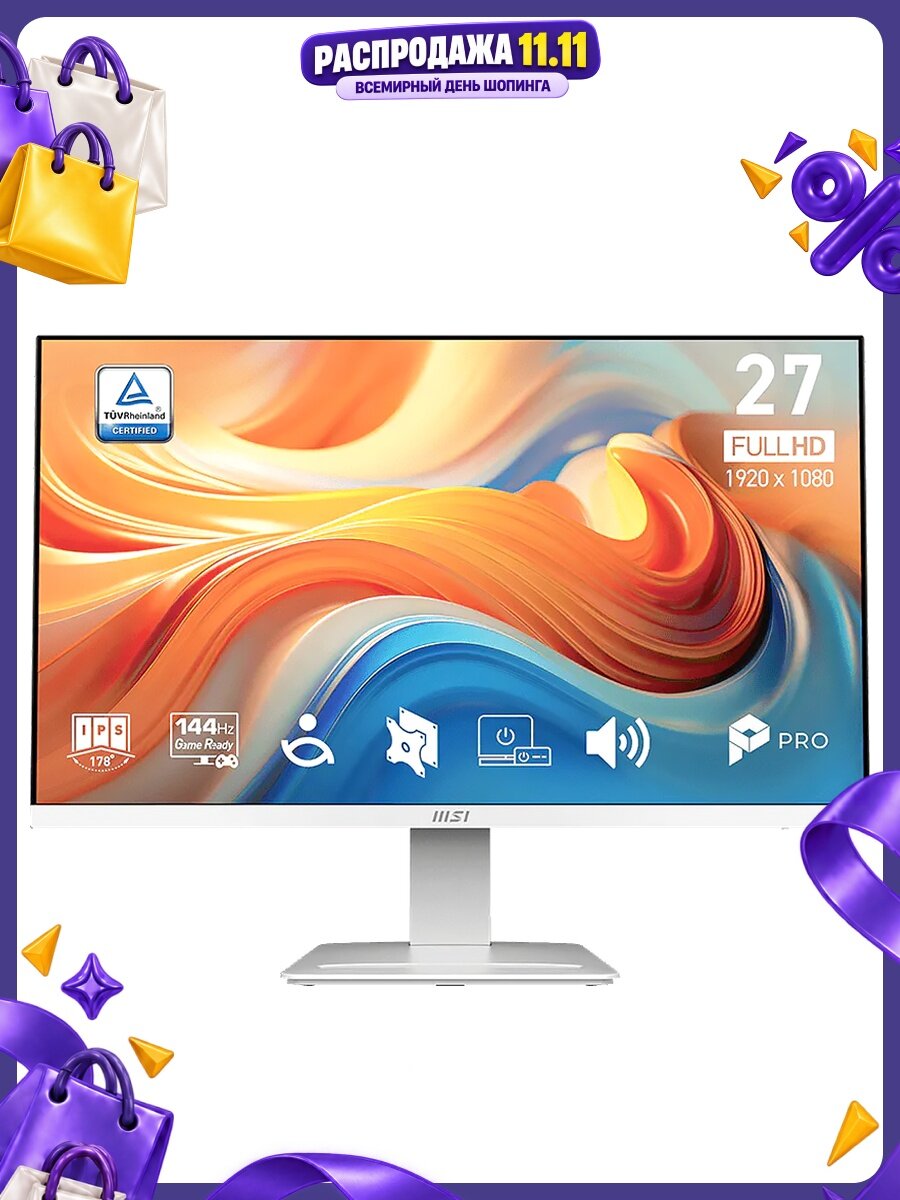 Монитор MSI PRO MP273W E14A 9S6-3PB4CH-265 27" 144 Гц, IPS 1920x1080, DP, HDMI, VGA, белый